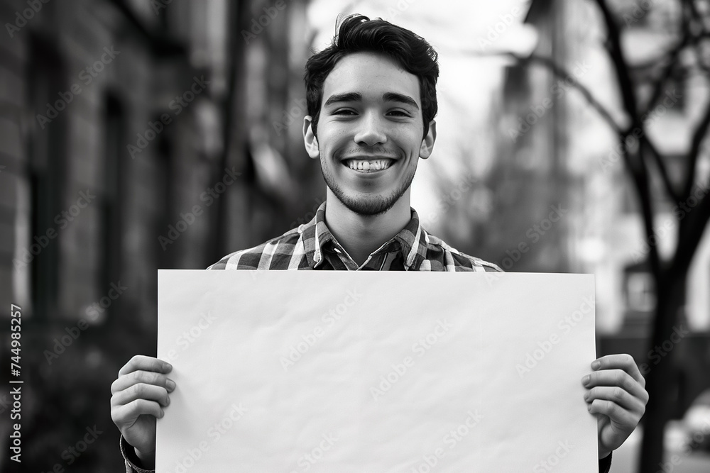 man with a white sign in his hands, with a wide smile and a forward ...