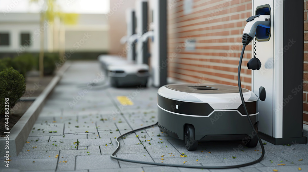 Autonomous delivery robot charging at electric robot charging station ...