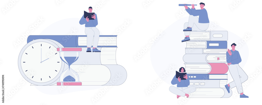 Self Study and Students Reading. Flat Cartoon Vector Illustration ...