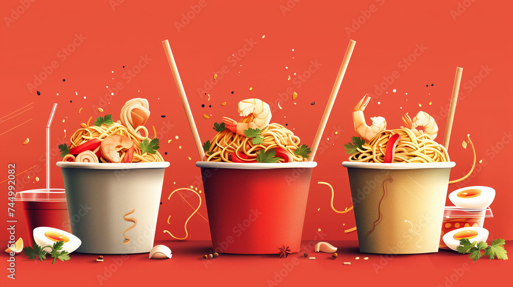 Hot ready to eat noodle with additions, chopsticks and steam in red ...