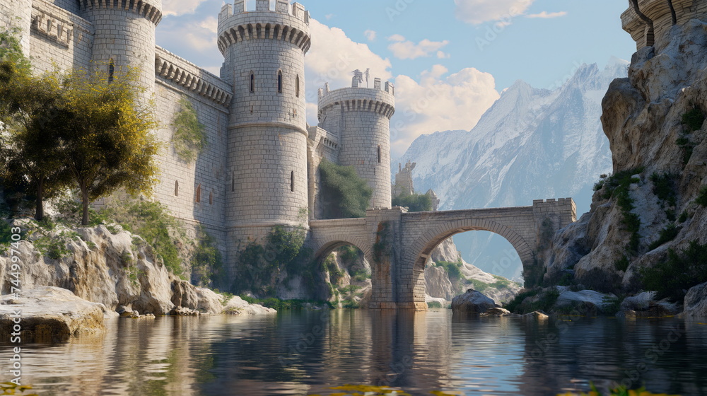 Serene medieval castle with towers and an arched bridge over a calm ...