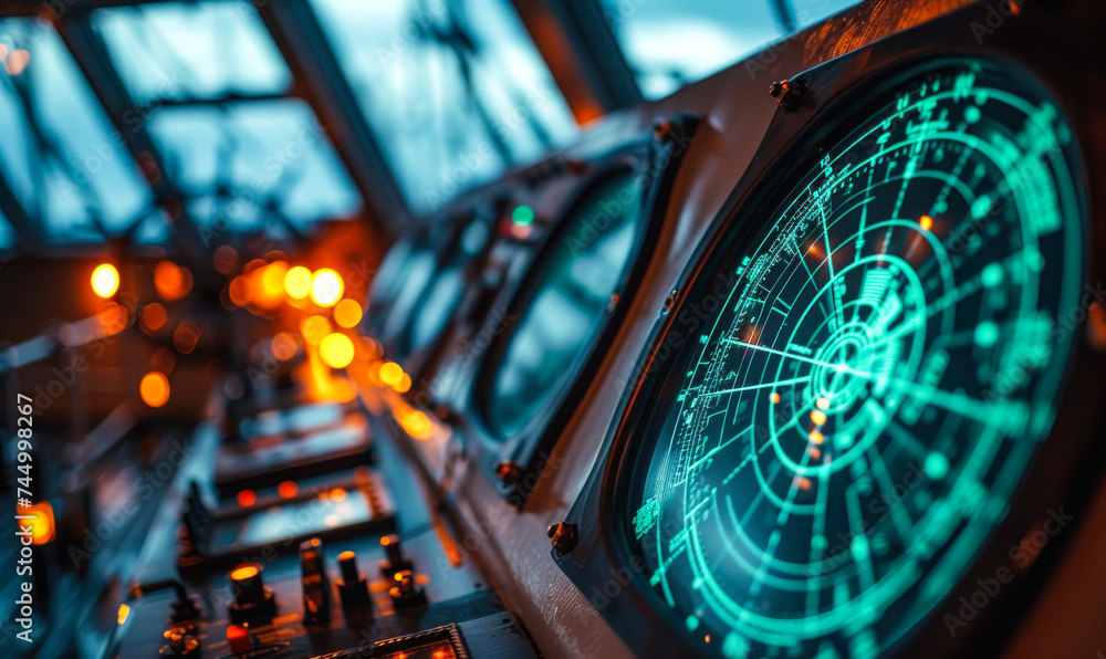 Advanced maritime navigation radar screen glowing in a dimly lit ship's ...