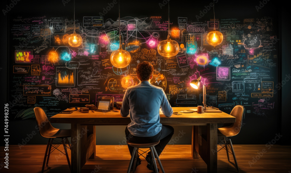 Focused individual brainstorming with colorful mind maps and complex ...