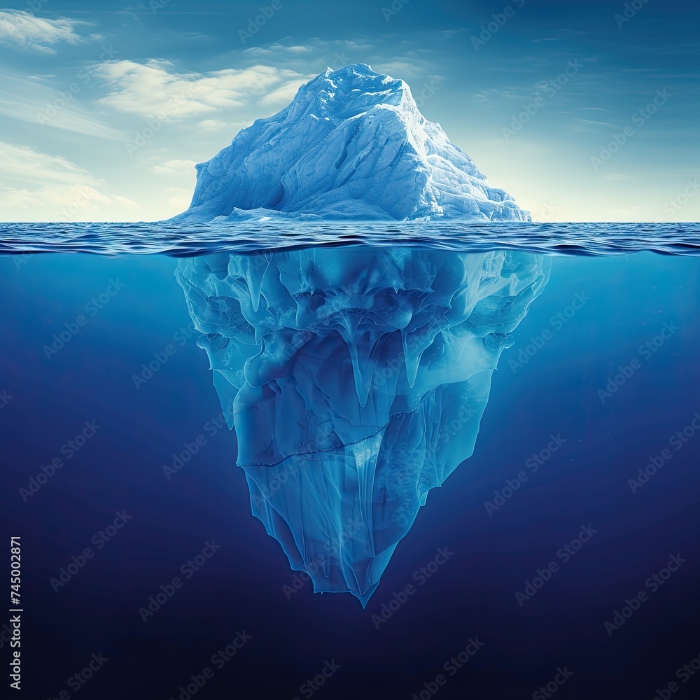 An iceberg in clear blue water and a hidden danger underwater. The ...