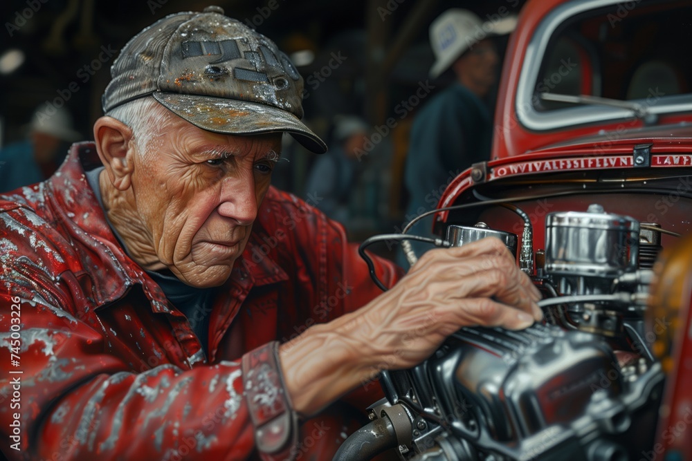 Foto de An older man is fixing the engine of a classic car, wearing a ...