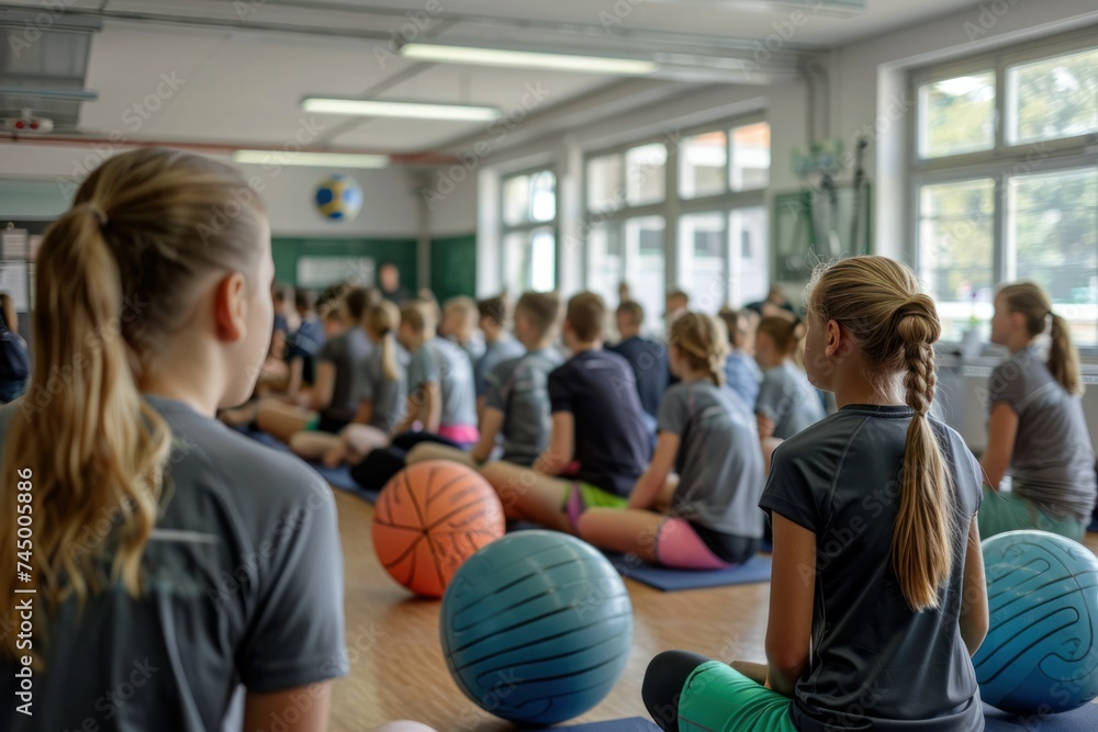 Energetic PE class taking a theoretical session in a high school ...