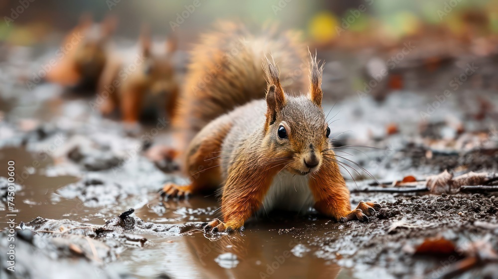 entertaining scene of playful squirrels rolling in the mud, capturing ...