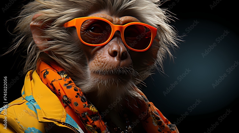 A trendy monkey wears a patterned shirt and accessorizes with colorful ...