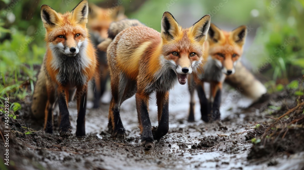 lively image of playful foxes frolicking in the mud, capturing their ...