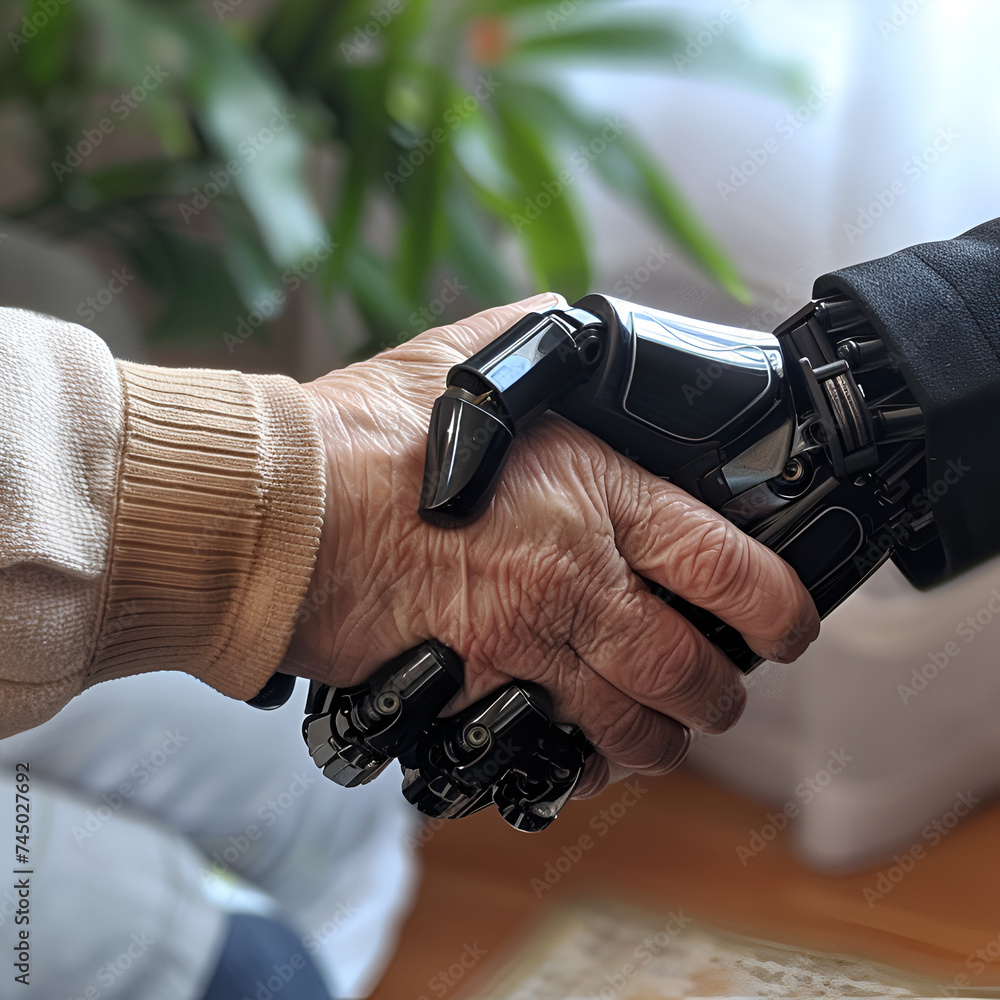 Mano humana dando la mano a un robot de inteligencia artificial en el ...