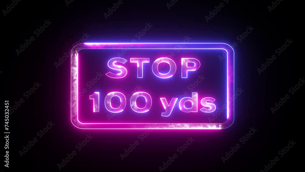 Triangular road caution sign with100 yards ahead to stop sign. Neon ...