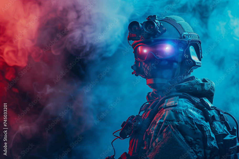 Futuristic Soldier with Night Vision Goggles in Smoke. A soldier in ...
