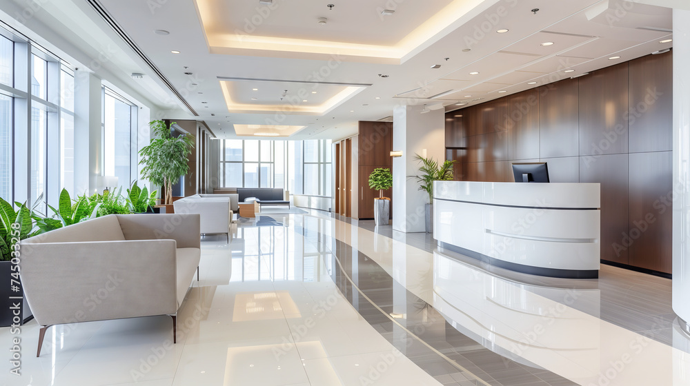 Corporate Office Lobby with Modern Furnishings and Lighting. Bright and ...