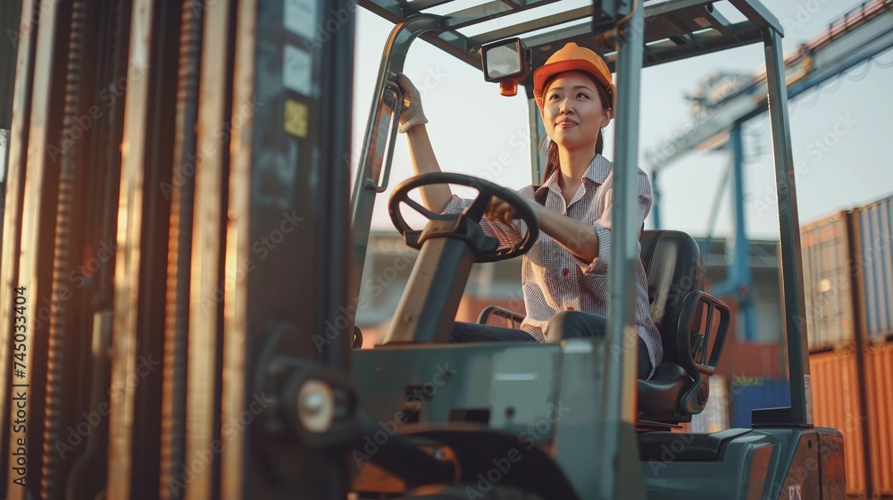 woman forklift operator handling cargo at shipping container yard ...