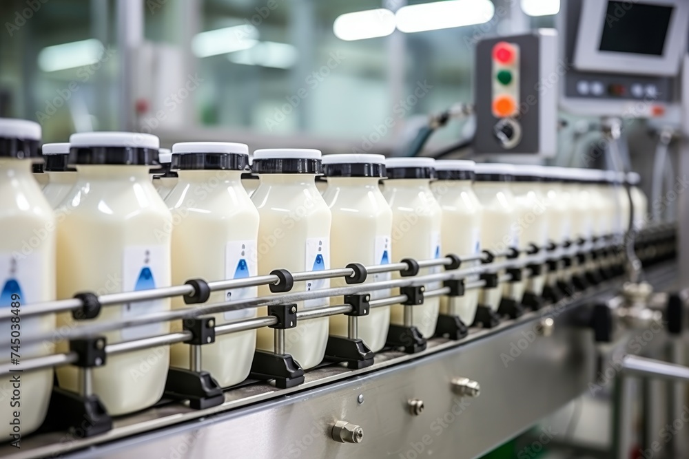 An automated conveyor line for the production of milk products. Robotic ...