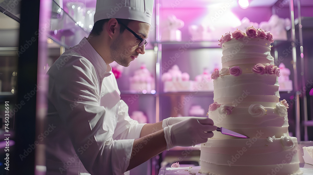 Portrait of confectioner decorating cake. Restaurant chefs decorating a ...