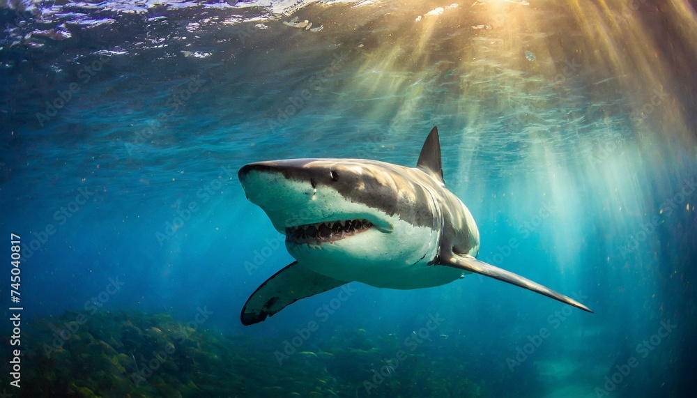 Big great white shark swimming in the ocean as apex predator Stock ...