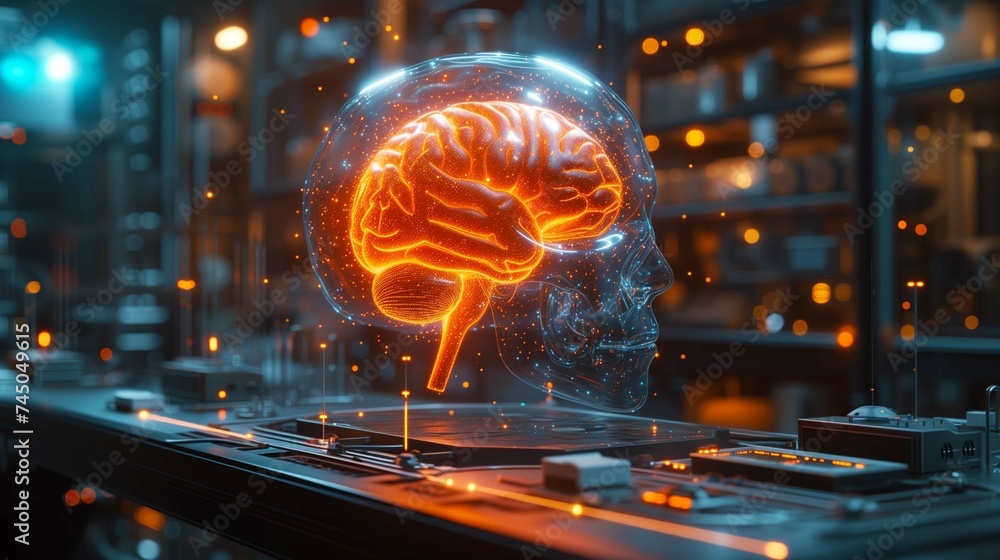 Neural artificial intelligence brain in factory lab for futuristic research, technology ...