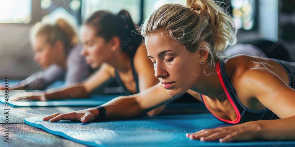 Focused Plank Pose. Close-up of woman in a plank pose on a floor ...
