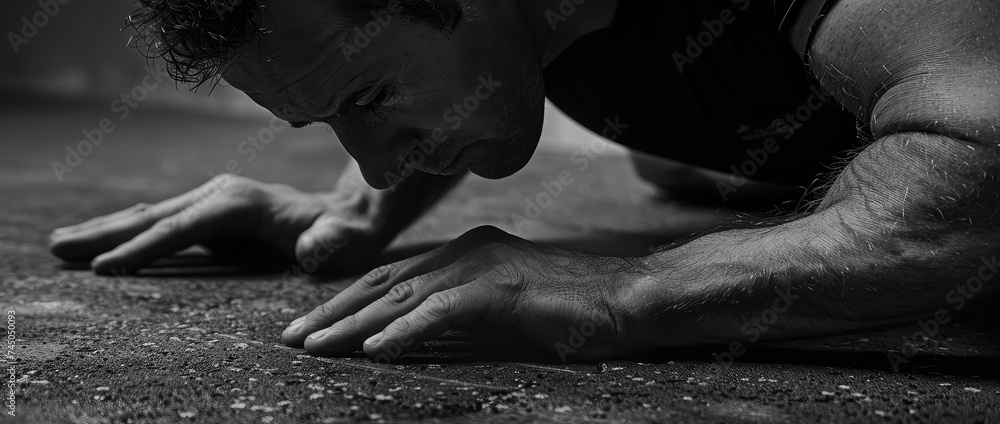 Focused Plank Pose. Close-up of man in a plank pose on a floor ...