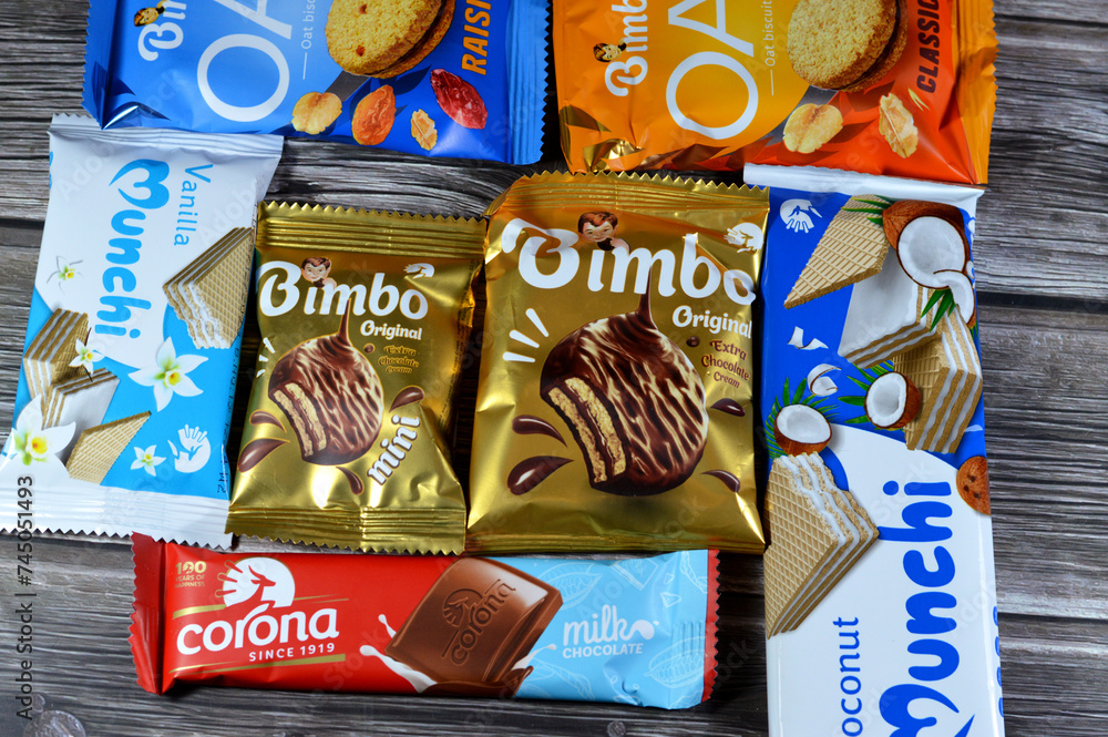 Cairo, Egypt, February 22 2024: Assorted products of chocolate and ...