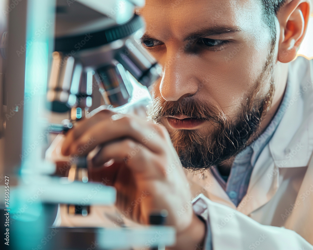 Metallurgical engineer examining a metal sample ensuring quality and ...