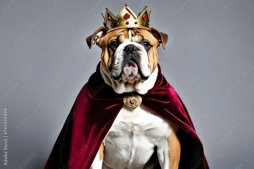 Regal bulldog dressed in a royal cape and crown posing majestically ...