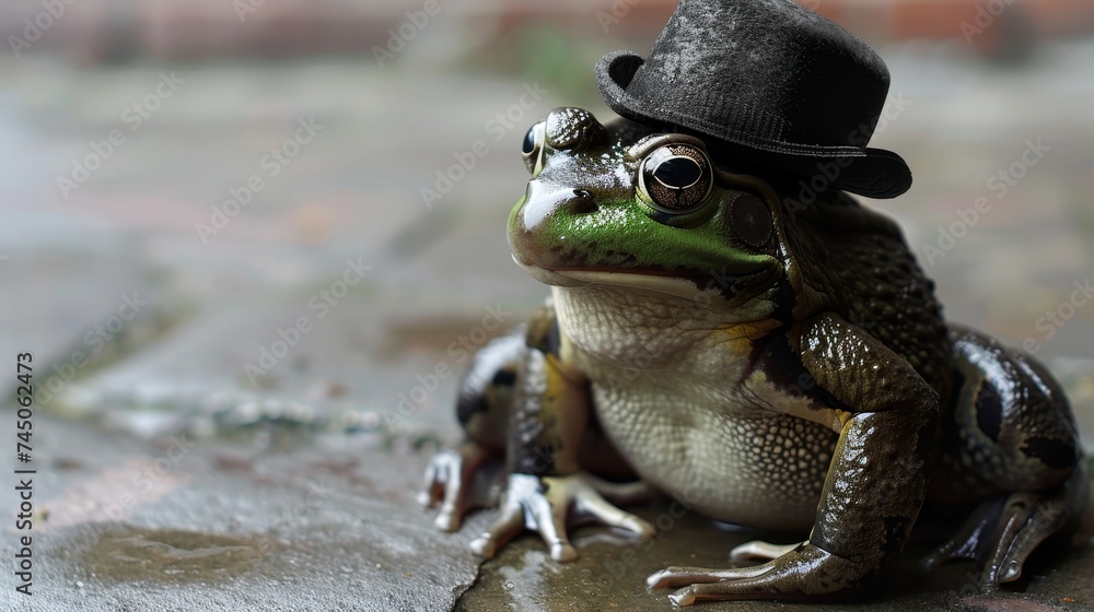 Frog in a Bowler Hat - A frog sitting comfortably, sporting a classic ...