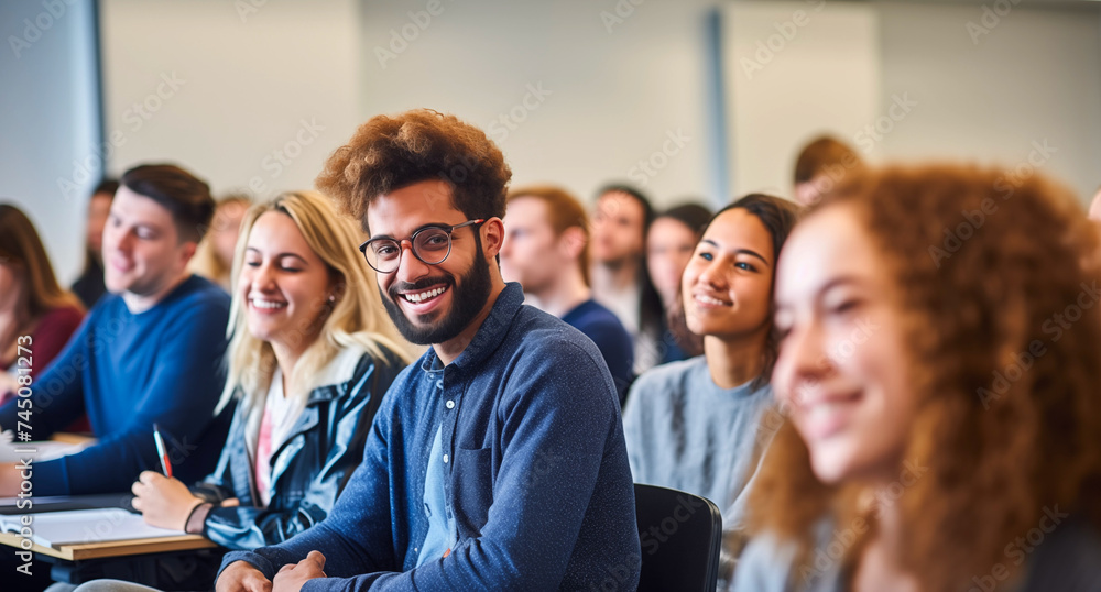 A diverse group students in a classroom setting, all appearing engaged ...