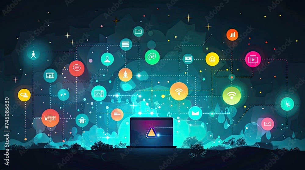 2D vector art of Social media with AI, design, dark blue colors, vector ...
