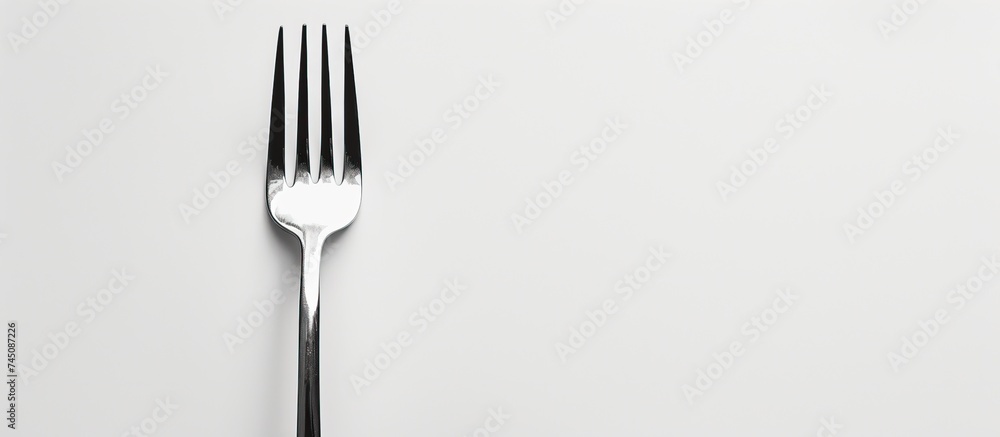 A small silver fork with two prongs is placed on a clean white surface ...
