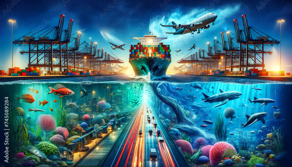 A surreal digital composition juxtaposing a busy cargo port and a ...