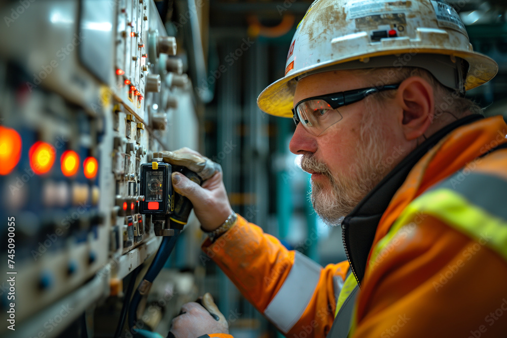 Electrical engineer uses measuring equipment to check the voltage of ...