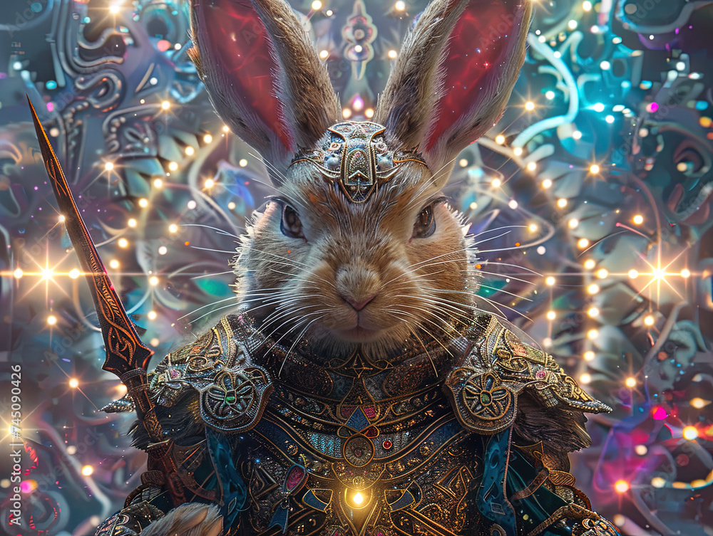 Medieval knight in armor. Portrait of gigantic cute rabbit deity ...