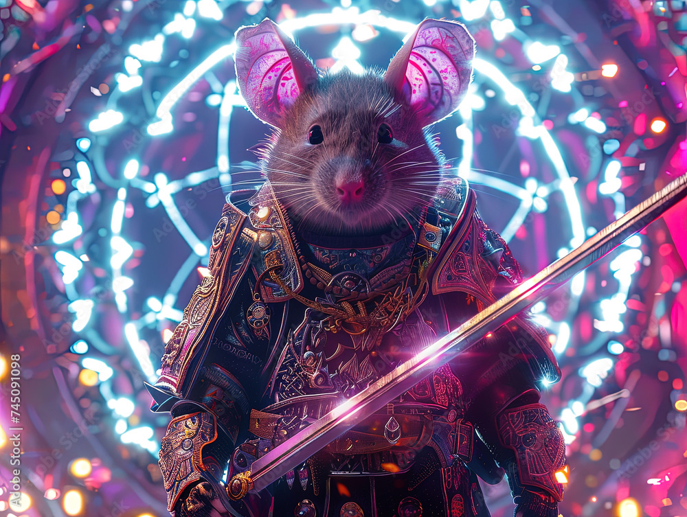 Medieval knight in armor. Portrait of gigantic cute rat deity warrior ...