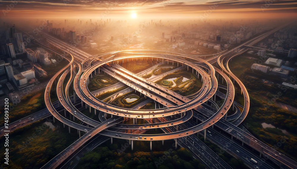 Aerial view of a complex highway interchange with multiple looping ...