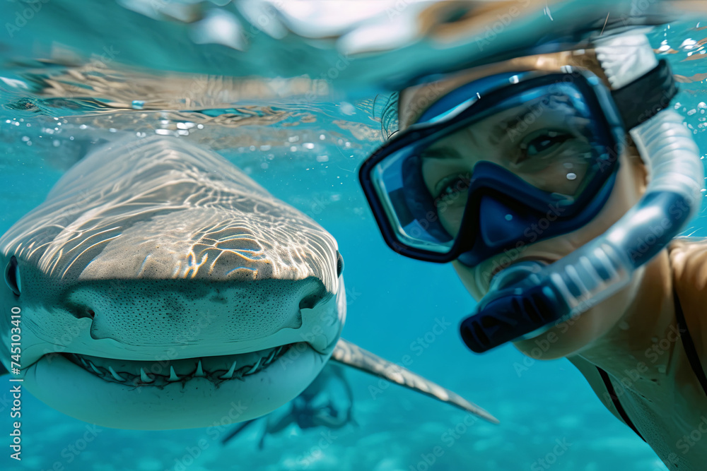 Native swimmer and tiger shark Before the attack Stock Photo | Adobe Stock