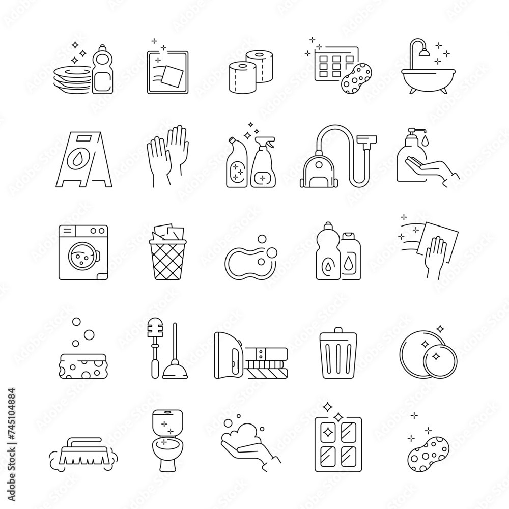 Clean icons. Cleaning service. Spray bottle. Disinfect hands. Wiping ...
