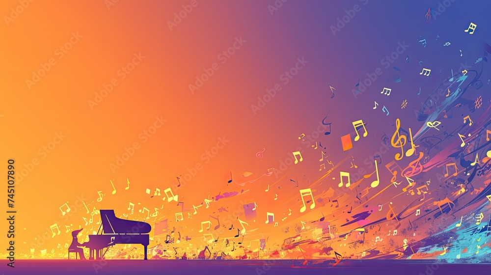 There are many musical notes in the air, with a piano in the middle, a ...
