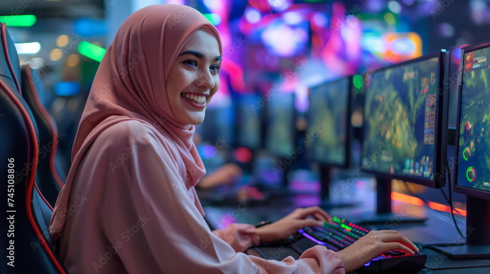 Muslim young woman playing video games in cybersports club neon lights ...