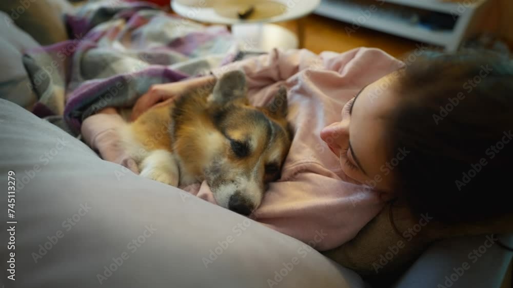sad lazy dog welsh corgi breed lying on his owner woman on couch in ...