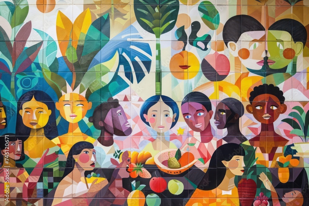 Hand-painted mural on a city wall, depicting a joyful community ...