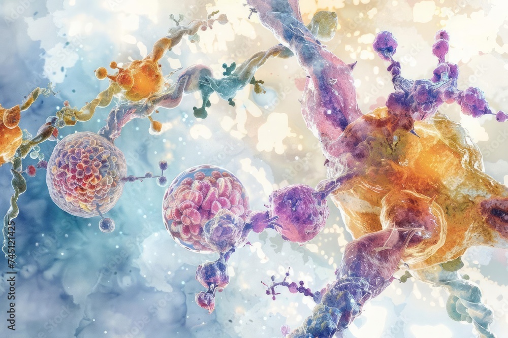 Intricate signaling pathways within a cell, with vibrant hues depicting ...