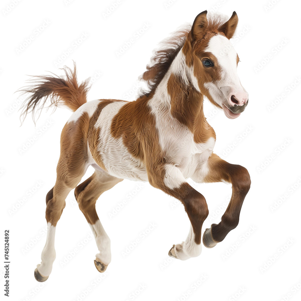 Cute running pinto foal isolated on white or transparent background ...