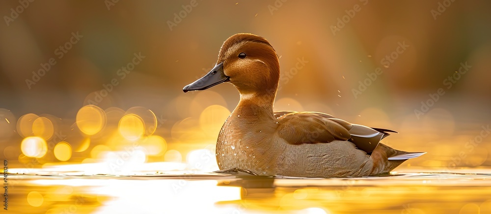 A Pochard duck is peacefully floating on a body of water, illuminated ...