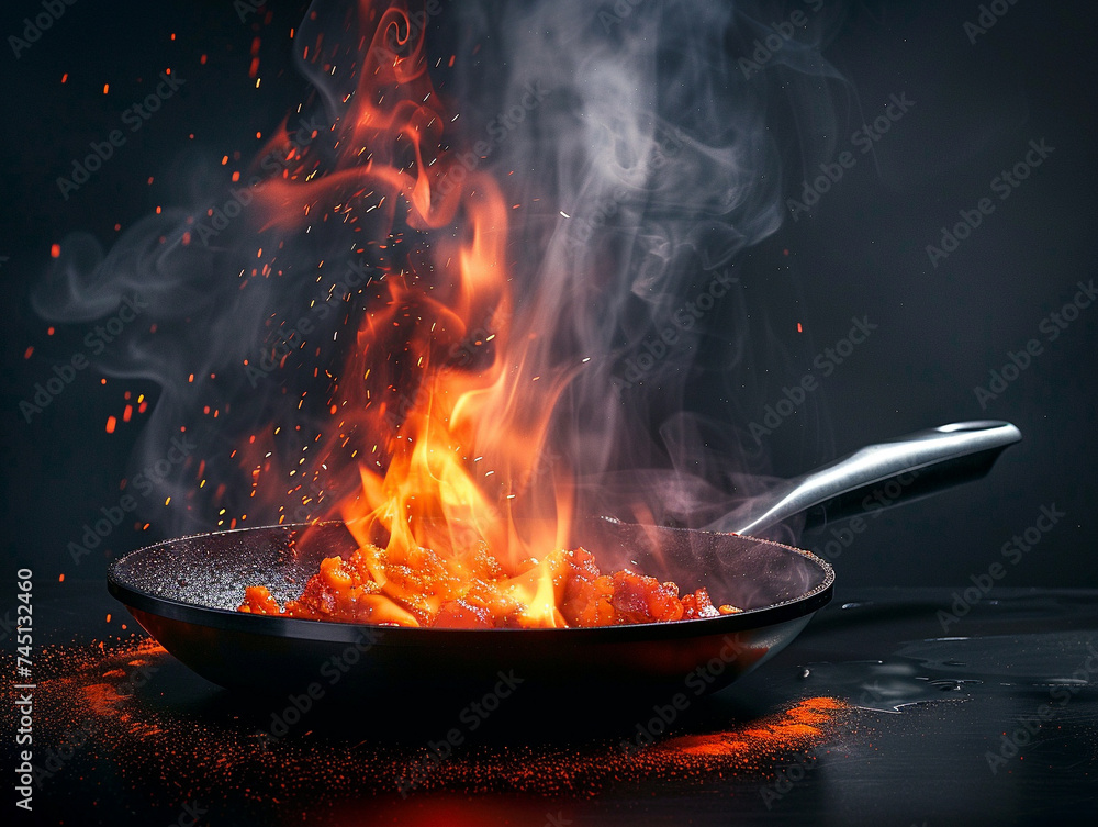 Photography of a sizzling skillet with exaggerated flames and smoke ...