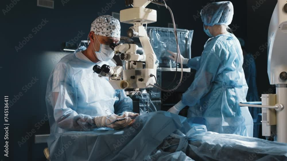 Vidéo Stock A doctor uses a microscope during eye surgery or diagnosis ...