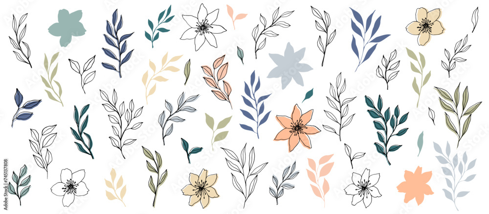 vector branch and leaves in trendy color palette and monochrome ...