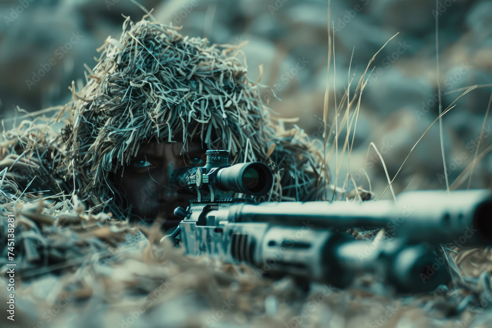 sniper soldier wearing ghillie suit laying on ground hiding with sniper ...