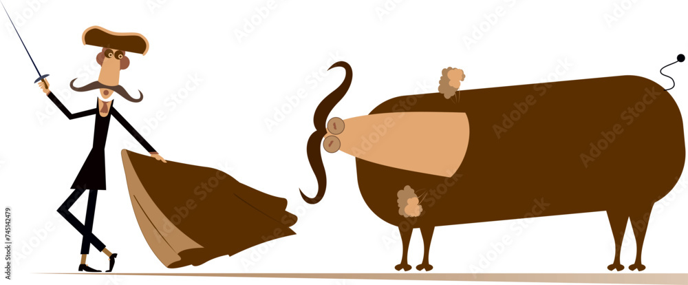 Cartoon bullfighter and the angry bull. Cartoon long mustache ...